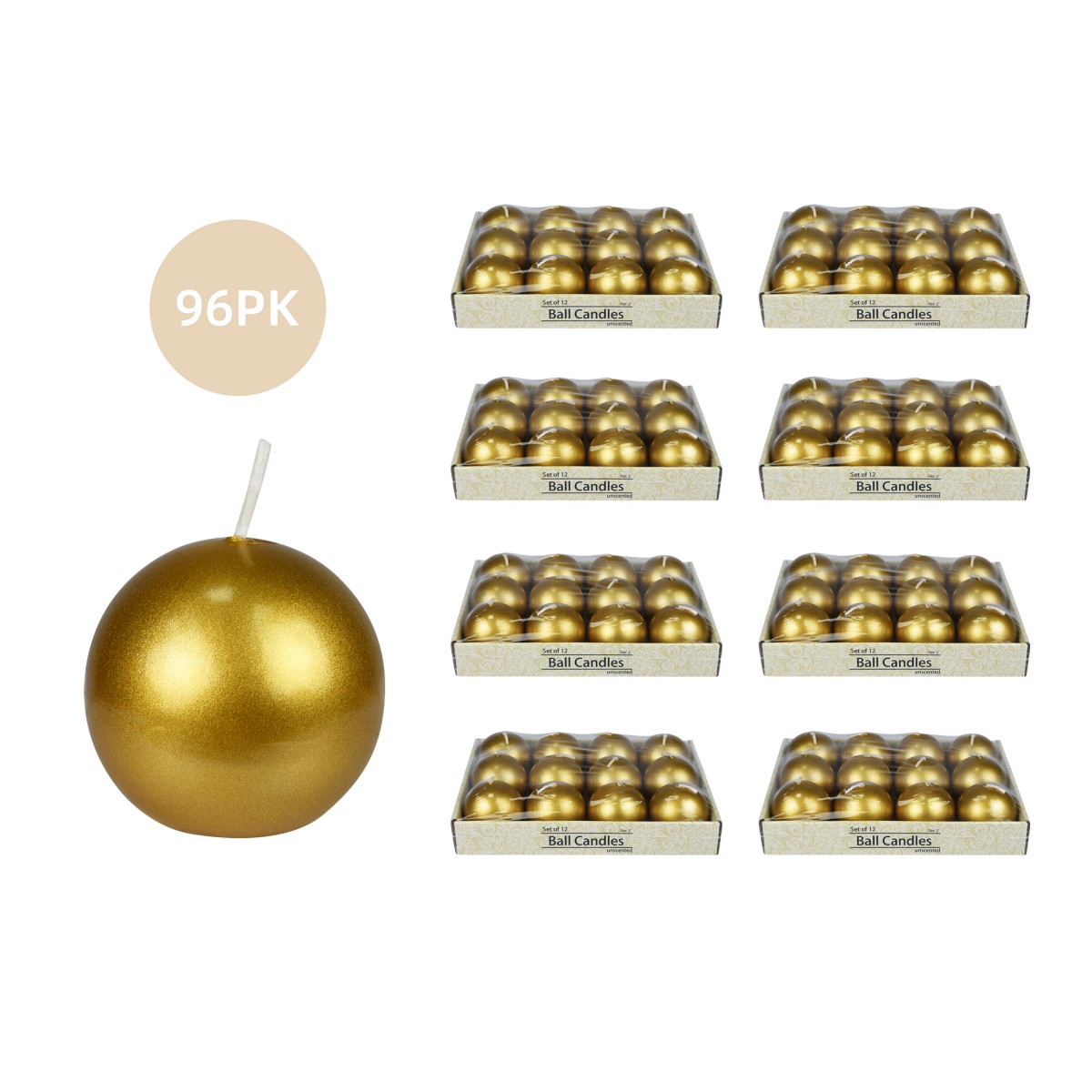 2 Inch Metallic Gold Ball Candles (96pcs/Case) Bulk