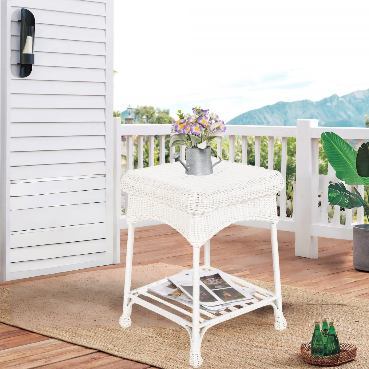Outdoor White Resin Wicker End Table