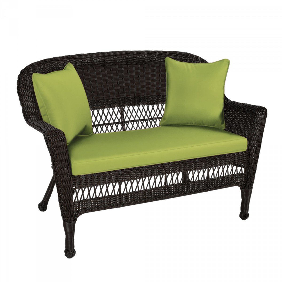 Espresso Wicker Patio Love Seat With Sage Green Cushion and Pillows