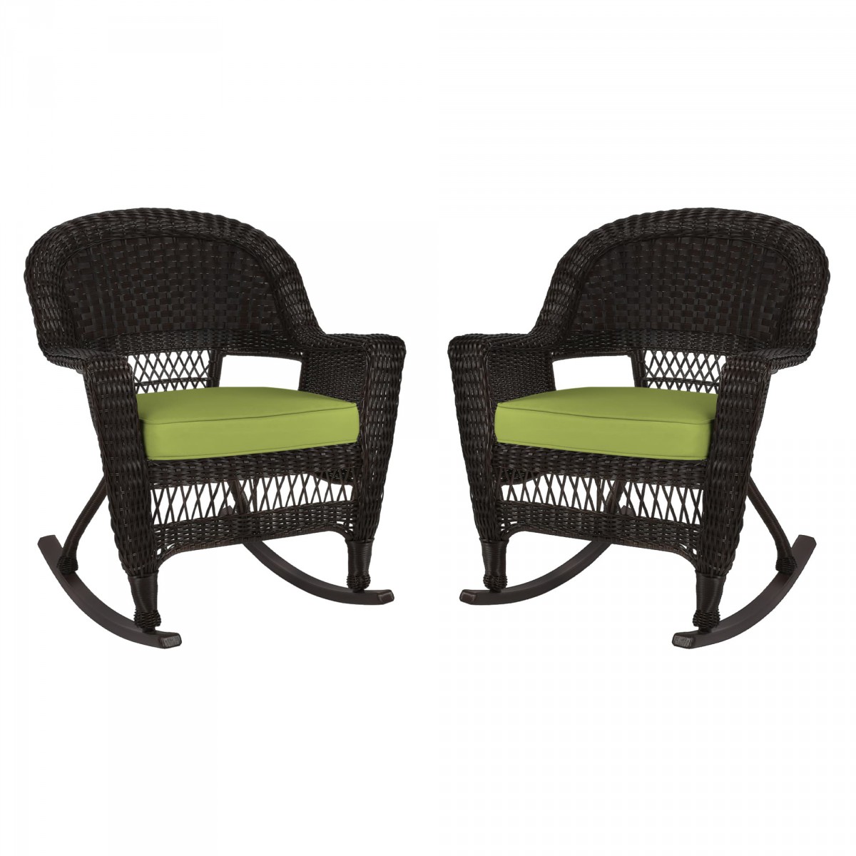 Espresso Rocker Wicker Chair with Sage Green Cushion - Set of 2