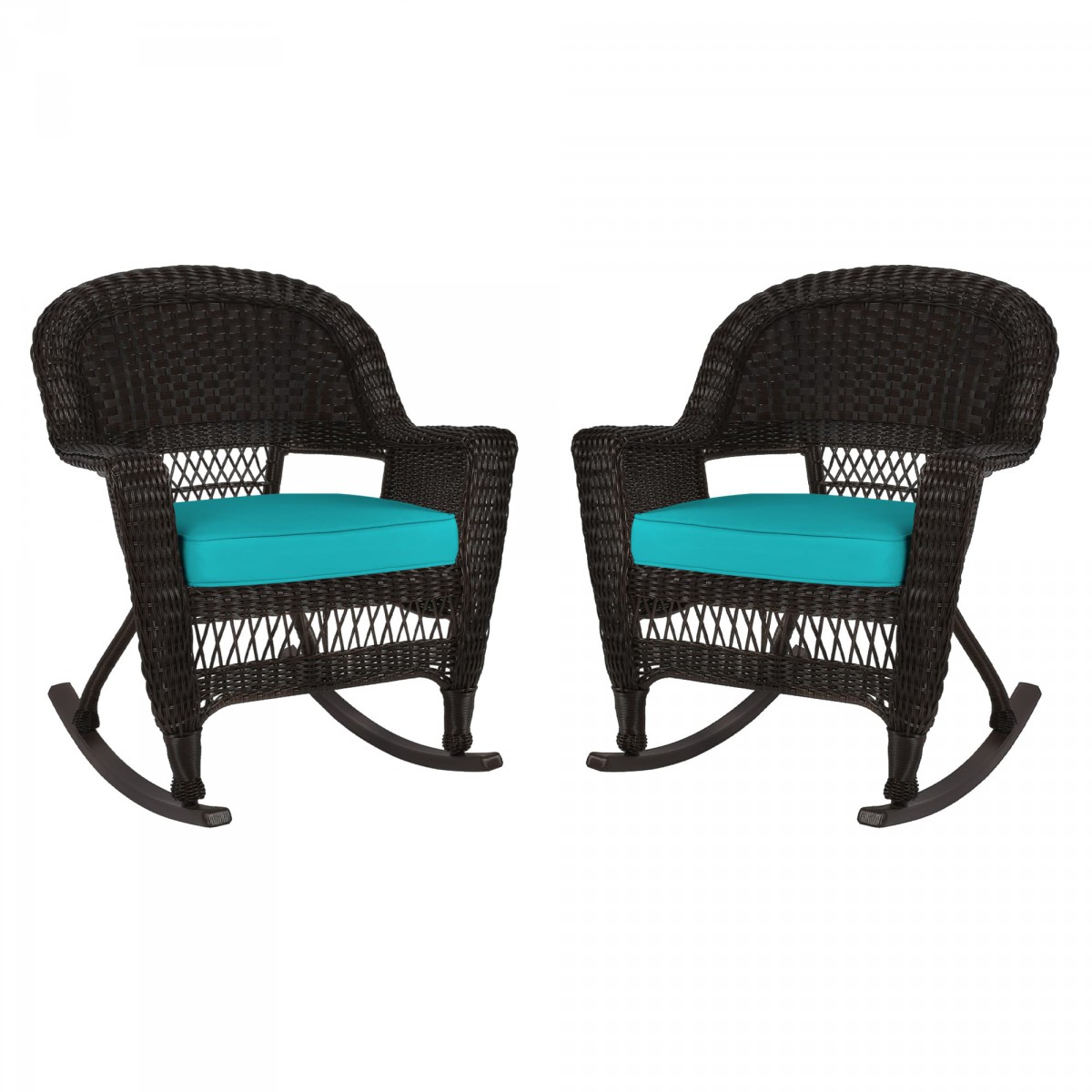 Espresso Rocker Wicker Chair with Turquoise Cushion - Set of 2