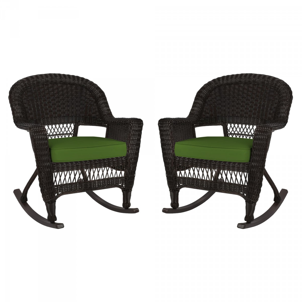 Espresso Rocker Wicker Chair with Hunter Green Cushion - Set of 2