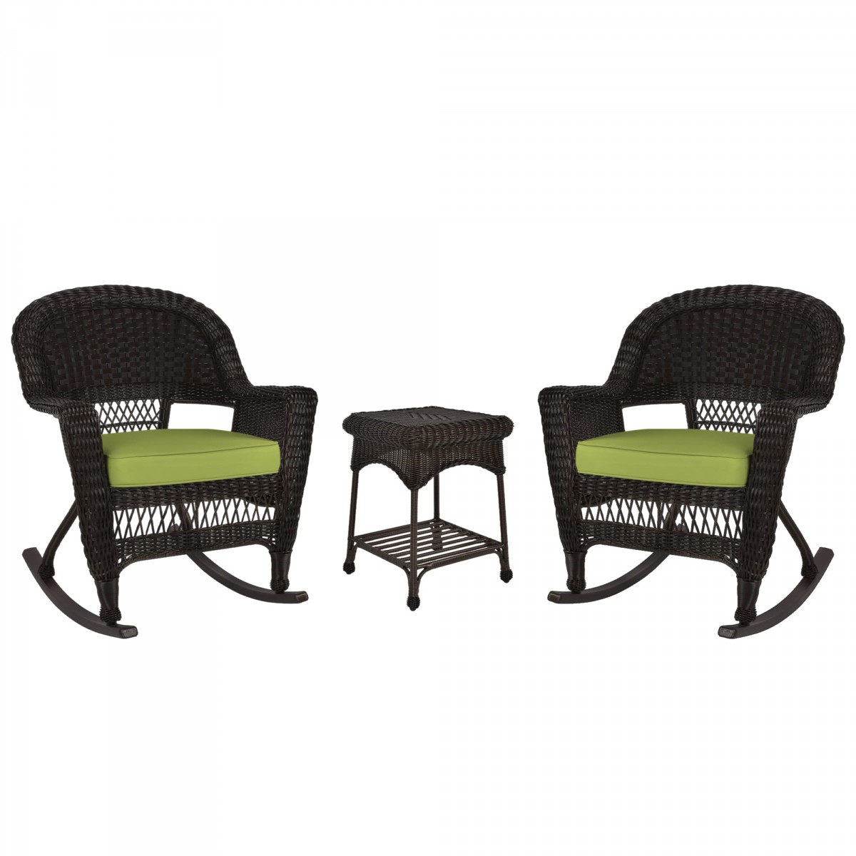 3pc Espresso Rocker Wicker Chair Set With Sage Green Cushion