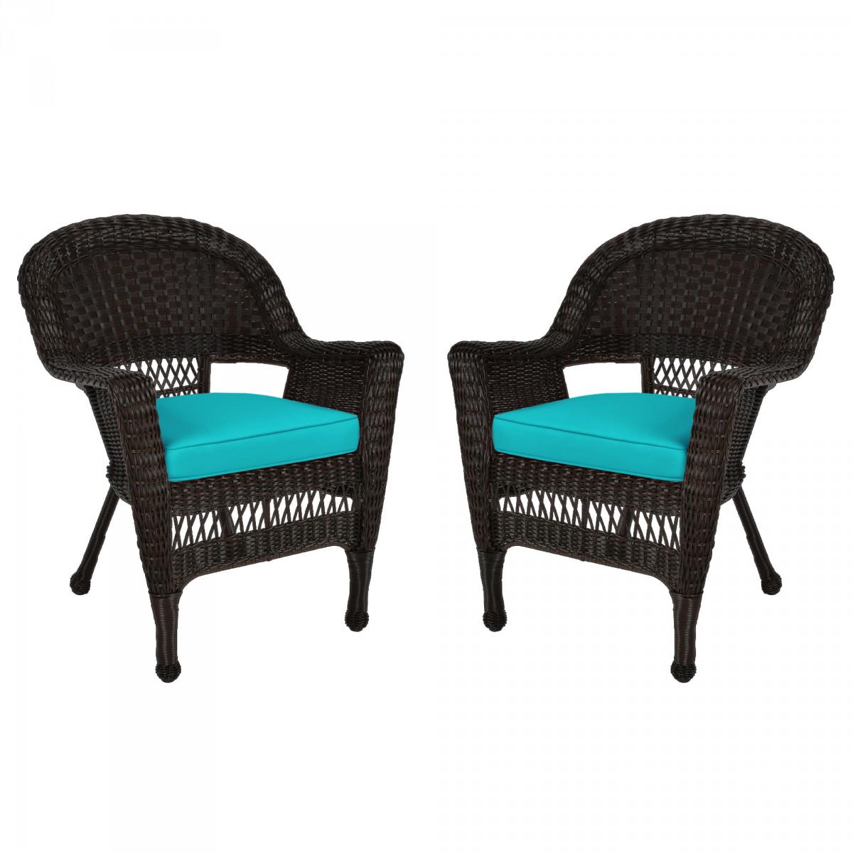 Espresso Wicker Chair With Turquoise Cushion - Set of 2
