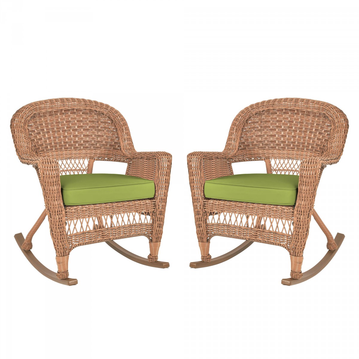 Honey Rocker Wicker Chair with Sage Green Cushion - Set of 2