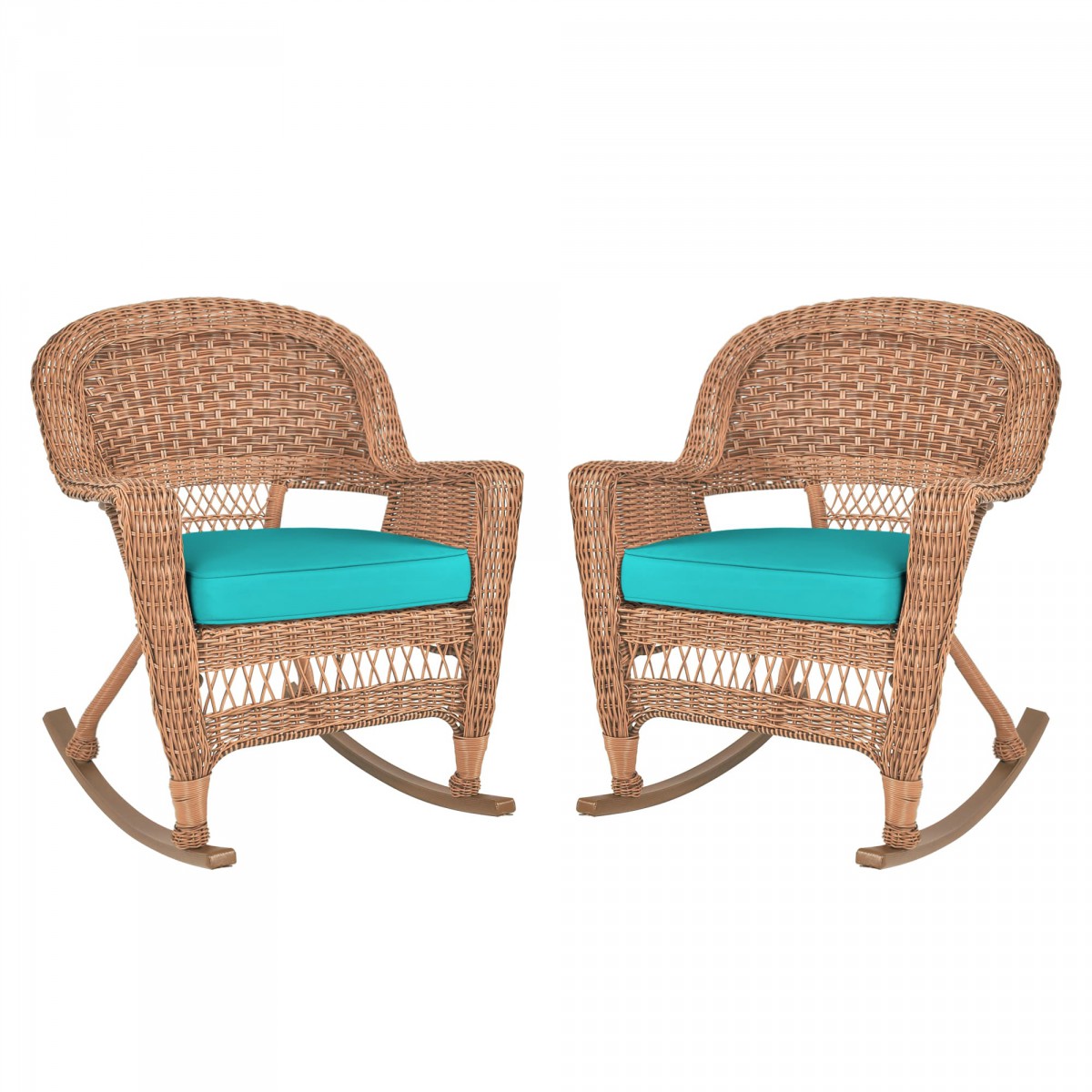 Honey Rocker Wicker Chair with Turquoise Cushion - Set of 2