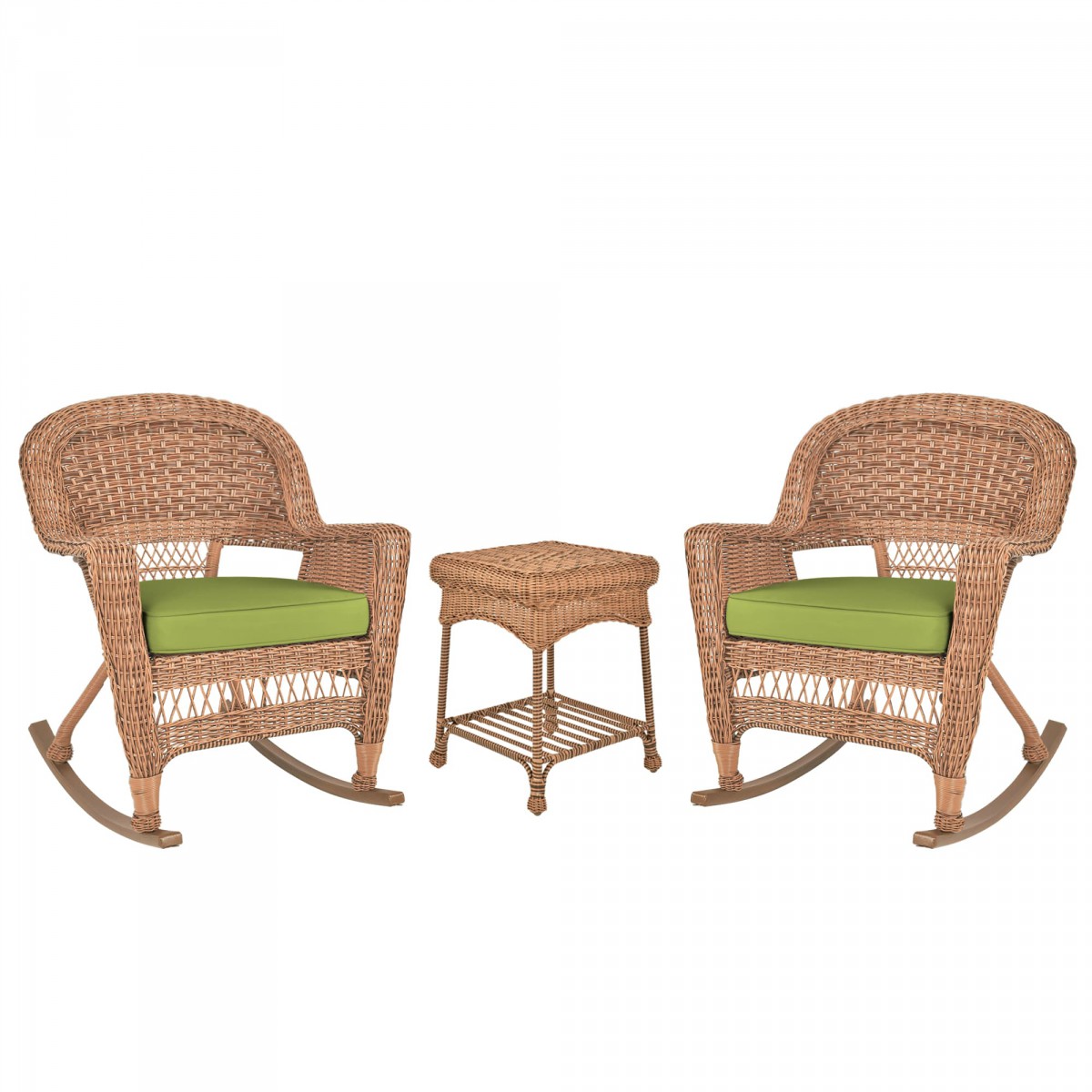 3pc Honey Rocker Wicker Chair Set With Sage Green Cushion