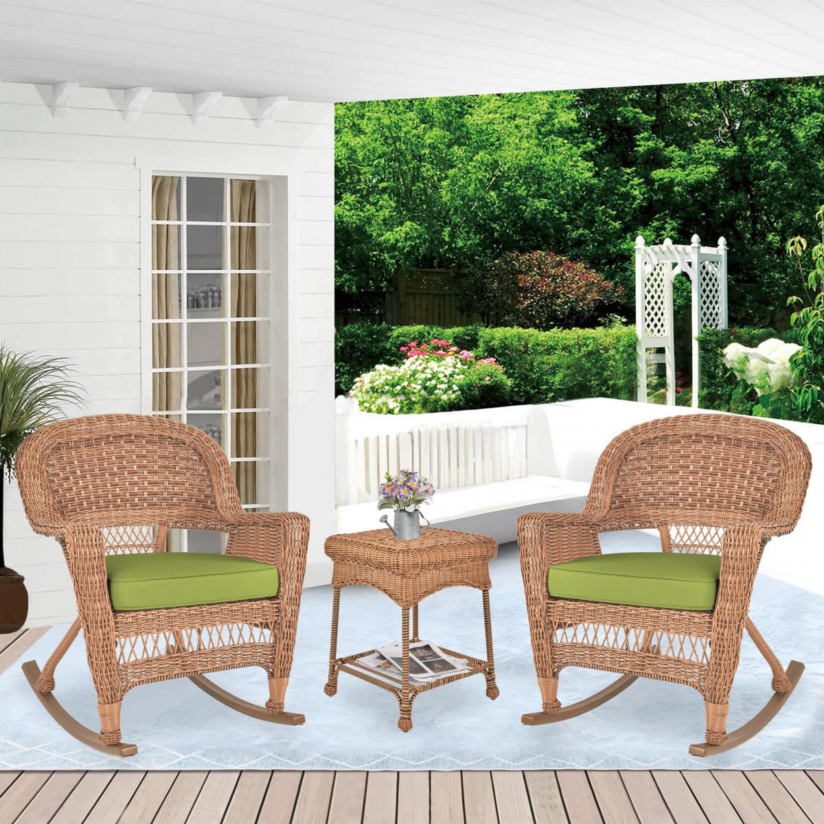 3pc Honey Rocker Wicker Chair Set With Sage Green Cushion