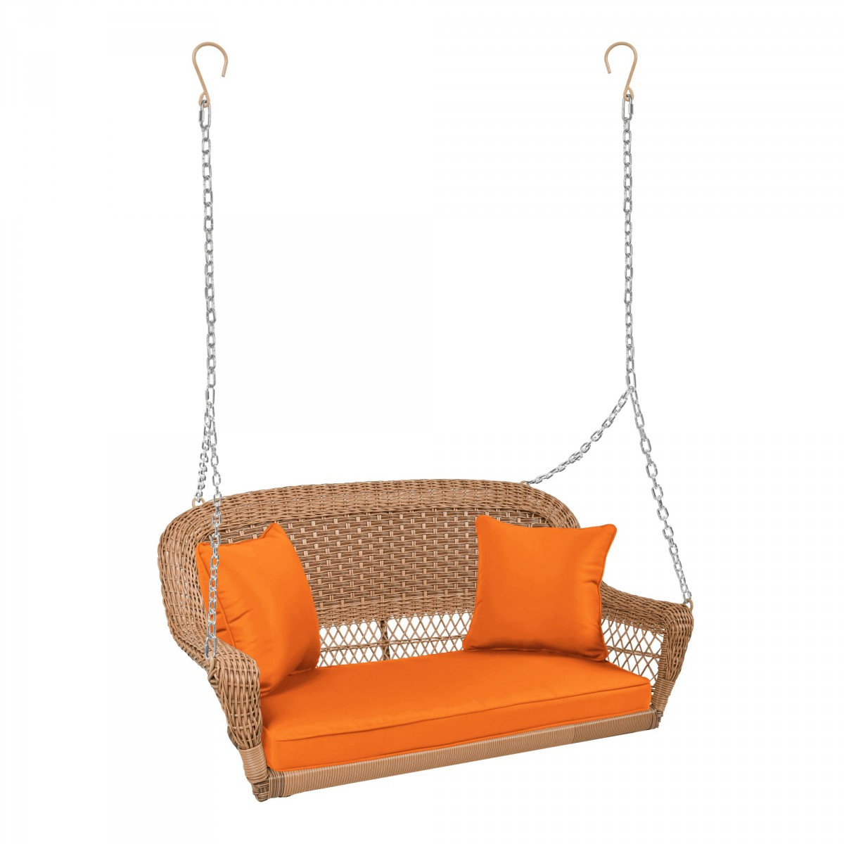 Honey Resin Wicker Porch Swing with Orange Cushion