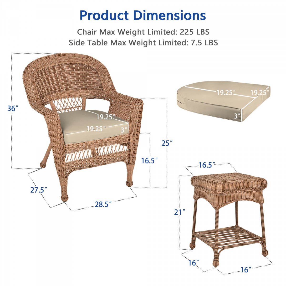 Honey Wicker Chair And End Table Set With Tan Chair Cushion