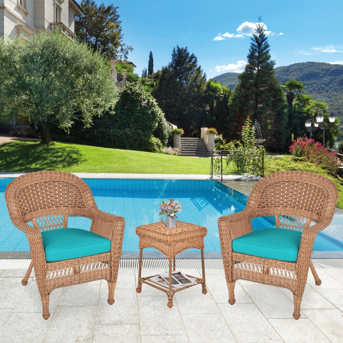 Honey Wicker Chair And End Table Set With Turquoise Chair Cushion