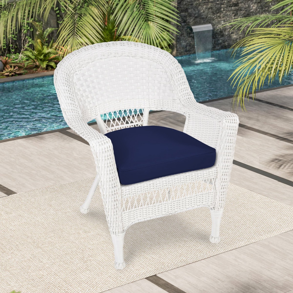 White Wicker Chair With Midnight Blue Cushion