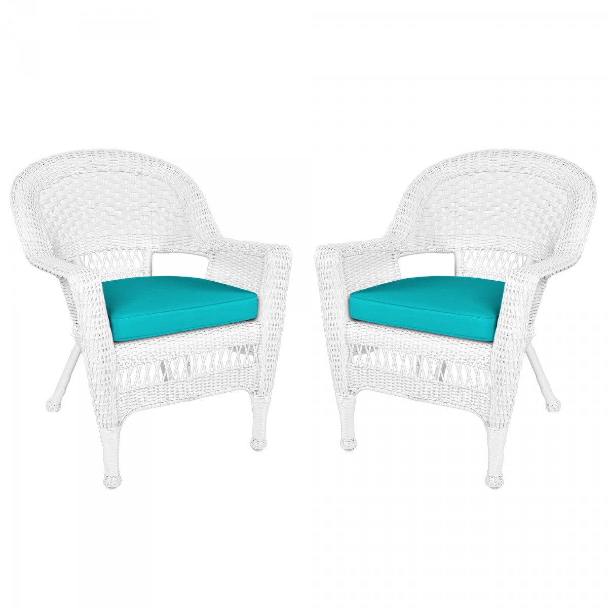 White Wicker Chair With Turquoise Cushion - Set of 2