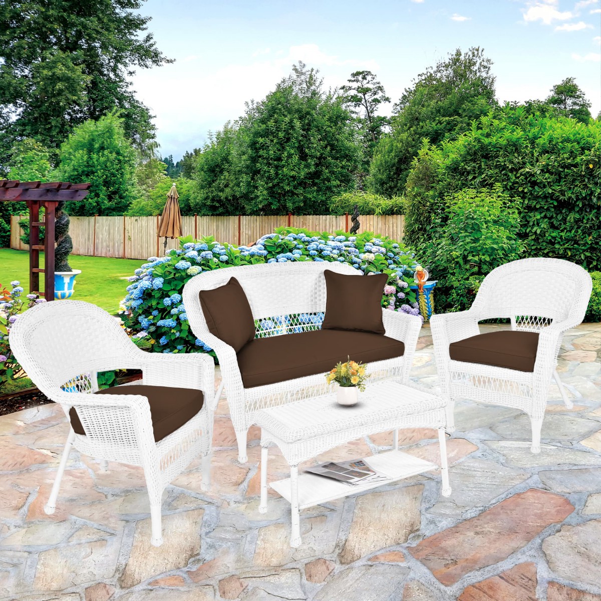 4pc White Wicker Conversation Set - Brown Cushions