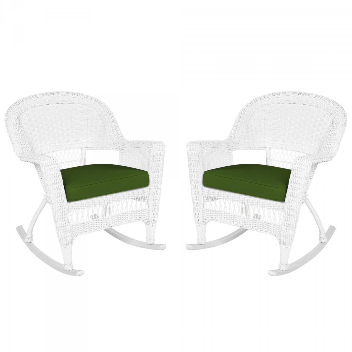 White Rocker Wicker Chair with Hunter Green Cushion- Set of 2