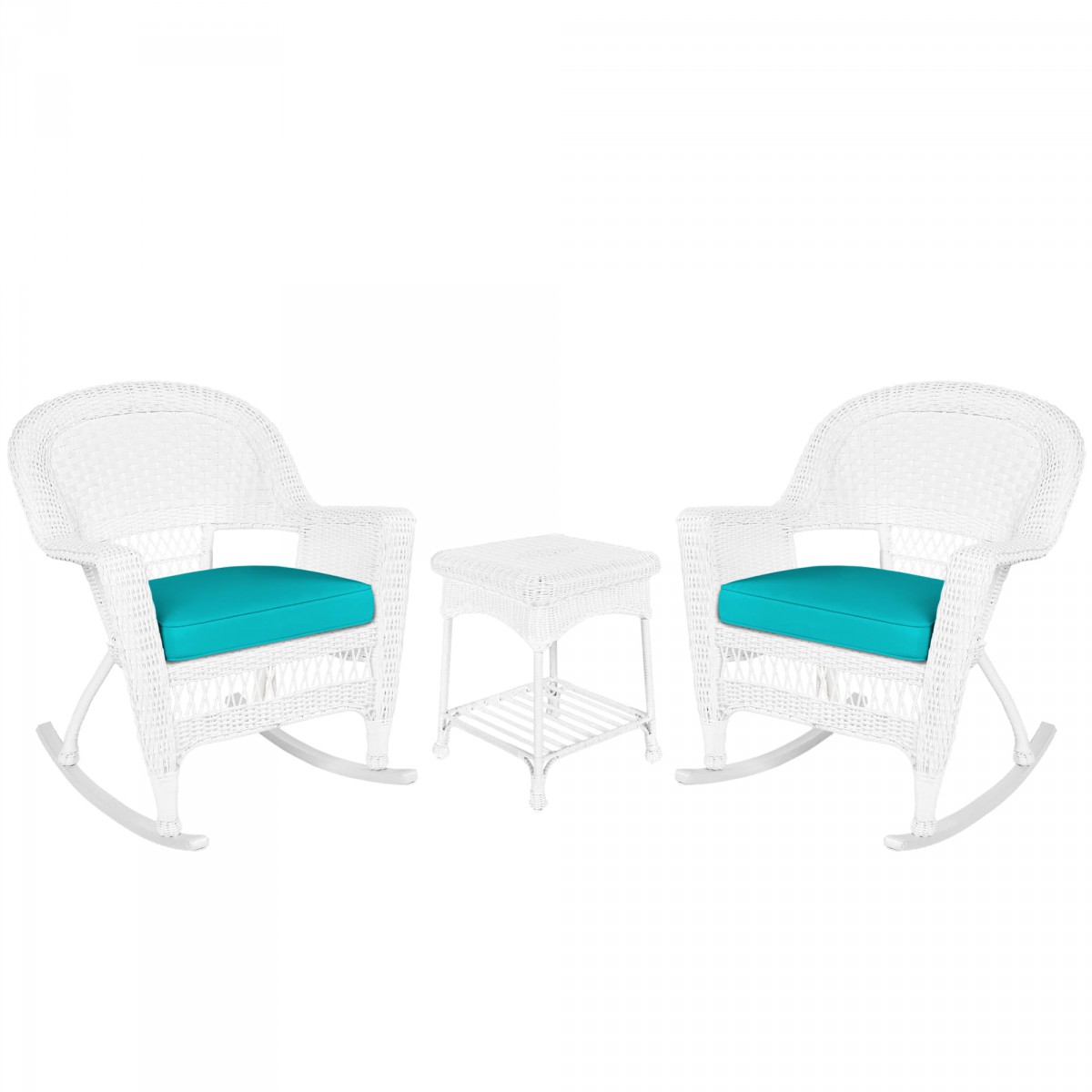 3pc White Rocker Wicker Chair Set With Turquoise Cushion