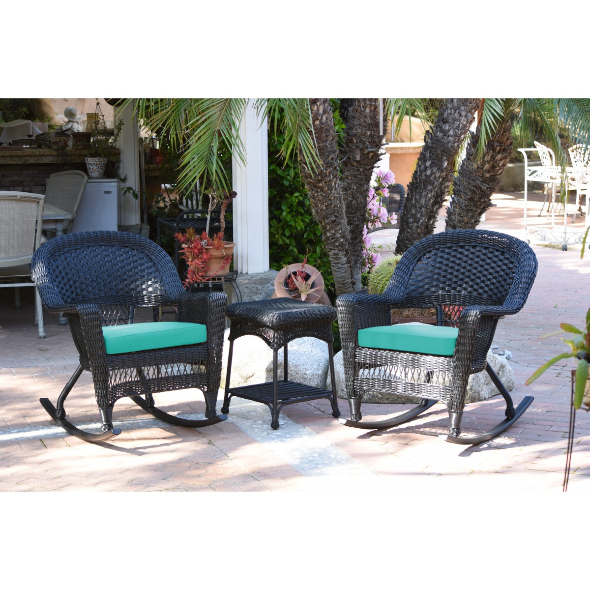 3pc Black Rocker Wicker Chair Set With Turquoise Cushion