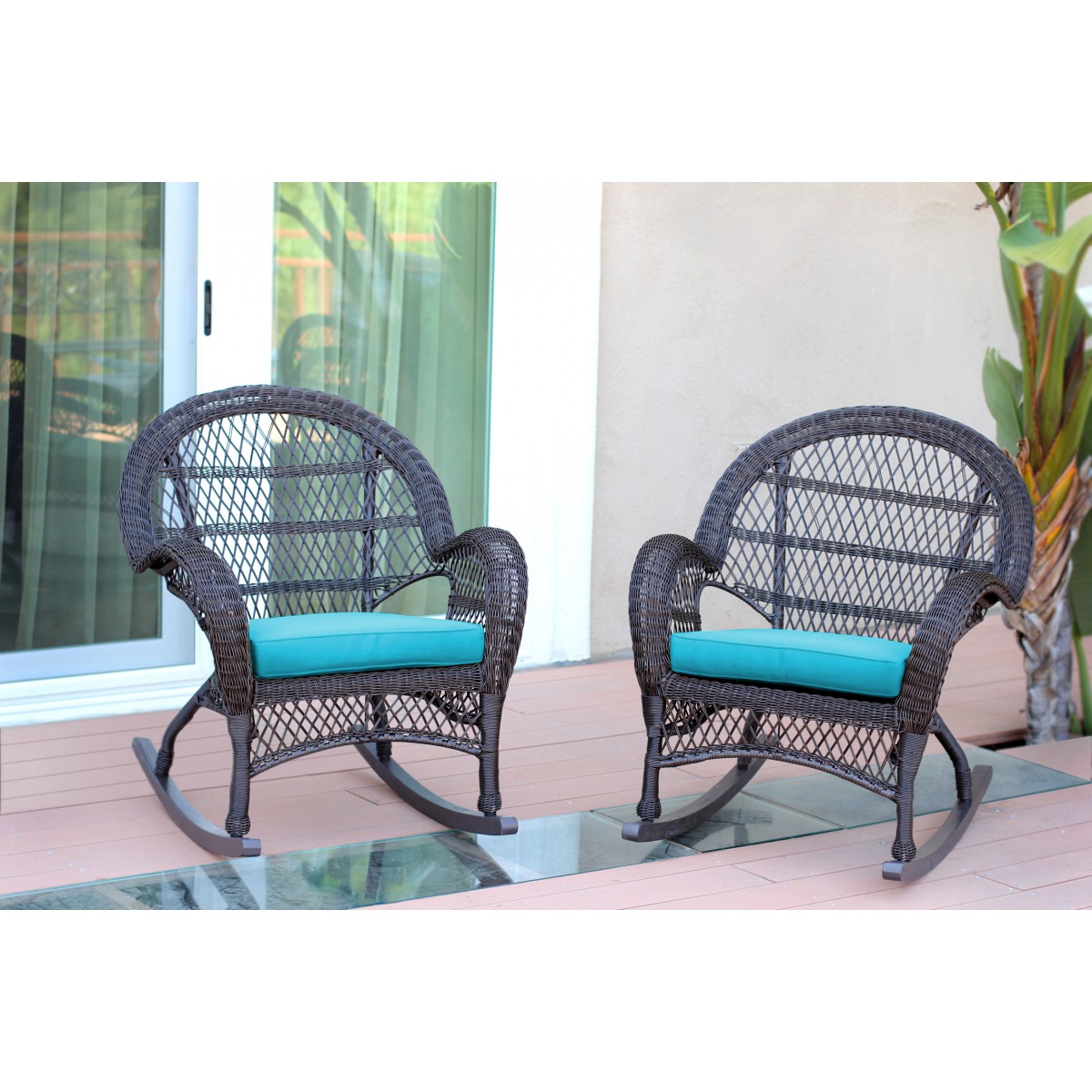 Santa Maria Espresso Wicker Rocker Chair with Sky Blue Cushion - Set of 2
