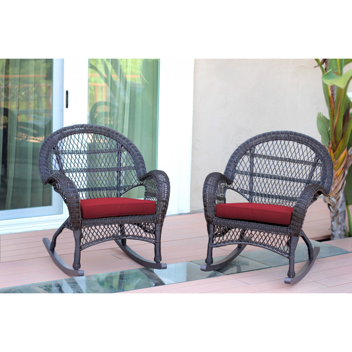 Santa Maria Espresso Wicker Rocker Chair with Red Cushion - Set of 2