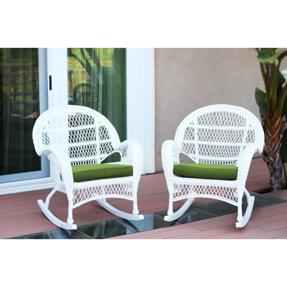 Santa Maria White Wicker Rocker Chair with Hunter Green Cushion - Set of 2