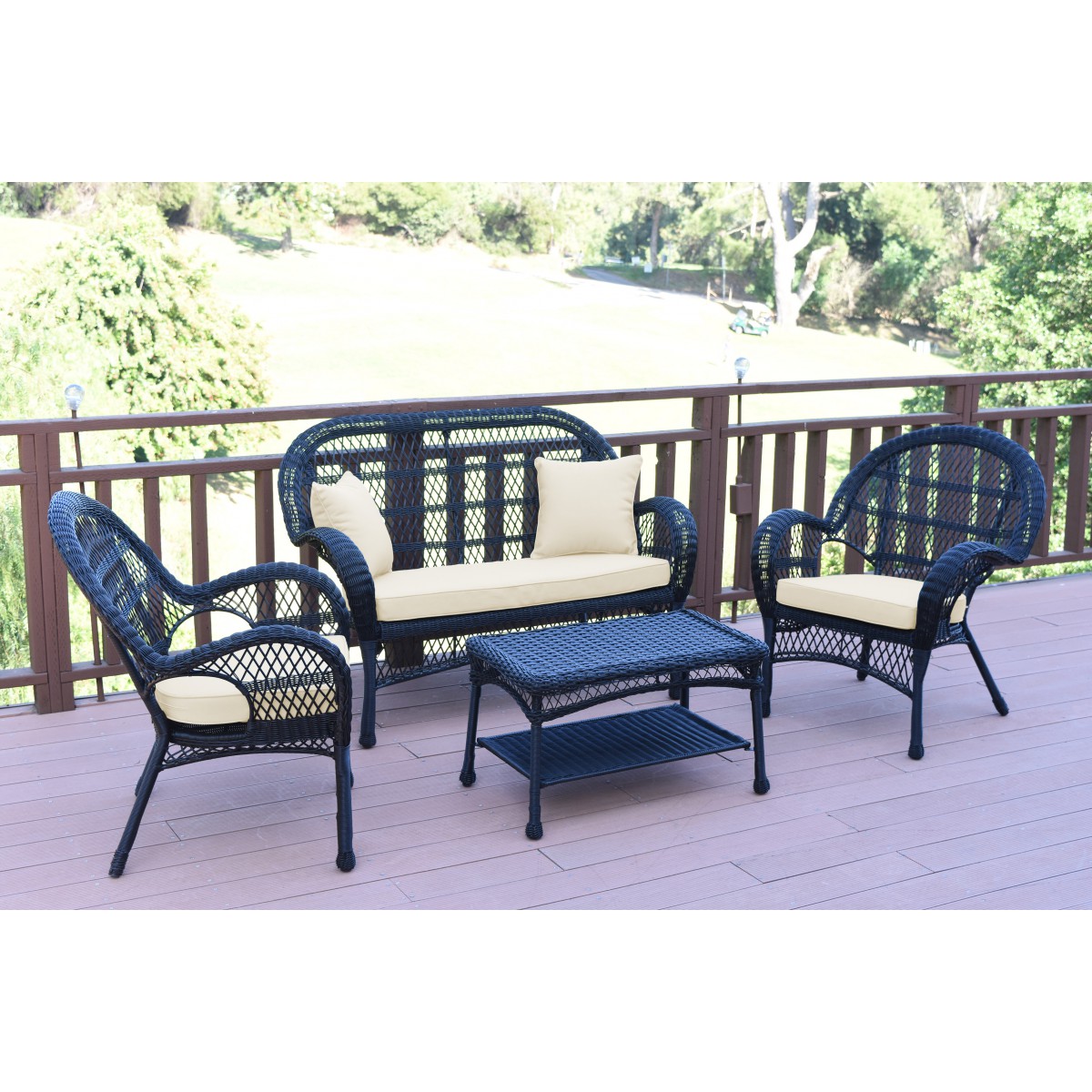 4pc Santa Maria Black Wicker Conversation Set - Ivory Cushions