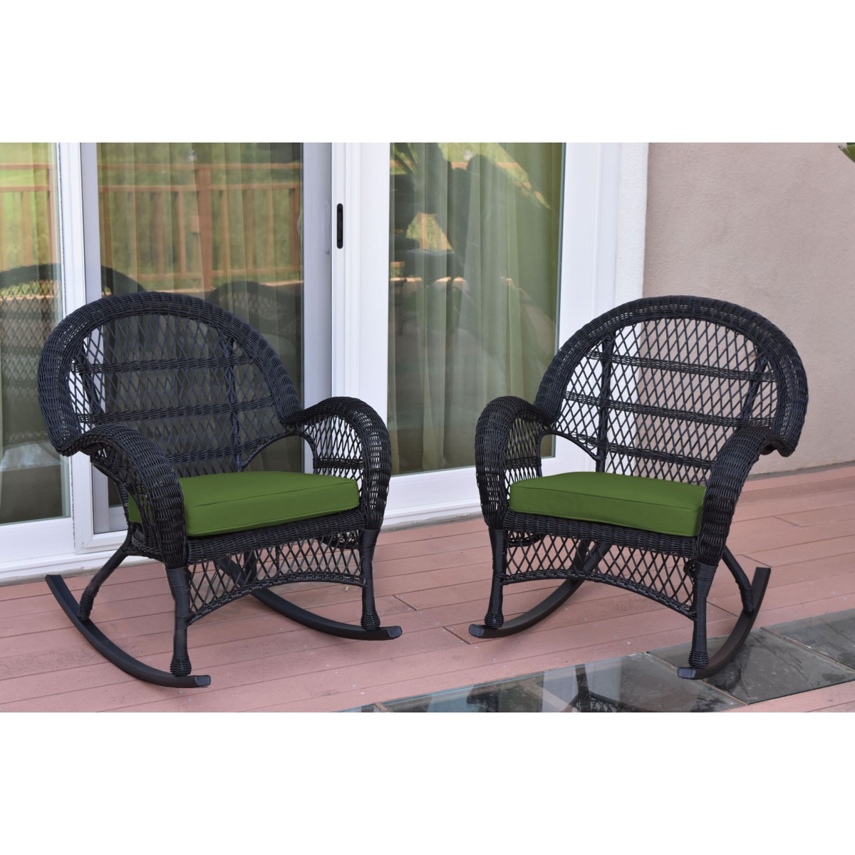 Santa Maria Black Wicker Rocker Chair with Hunter Green Cushion - Set of 2