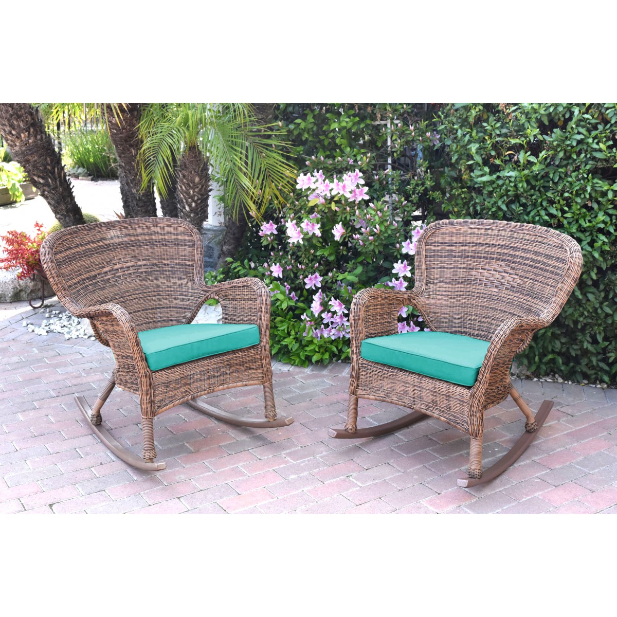 Set of 2 Windsor Honey Resin Wicker Rocker Chair with Turquoise Cushions