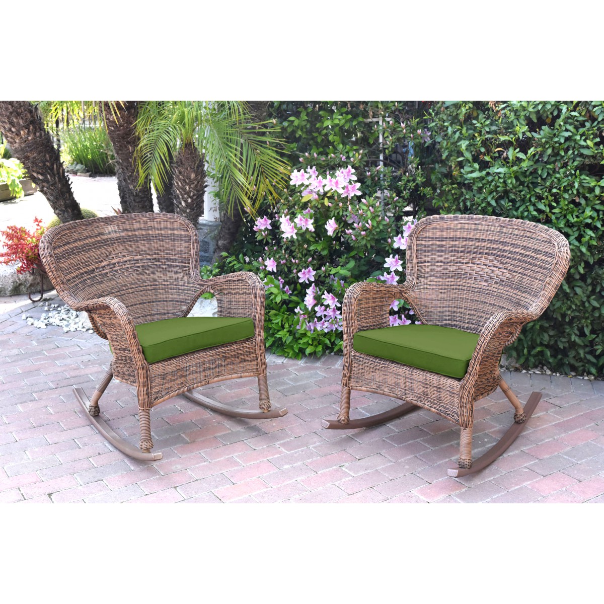 Set of 2 Windsor Honey Resin Wicker Rocker Chair with Hunter Green Cushions