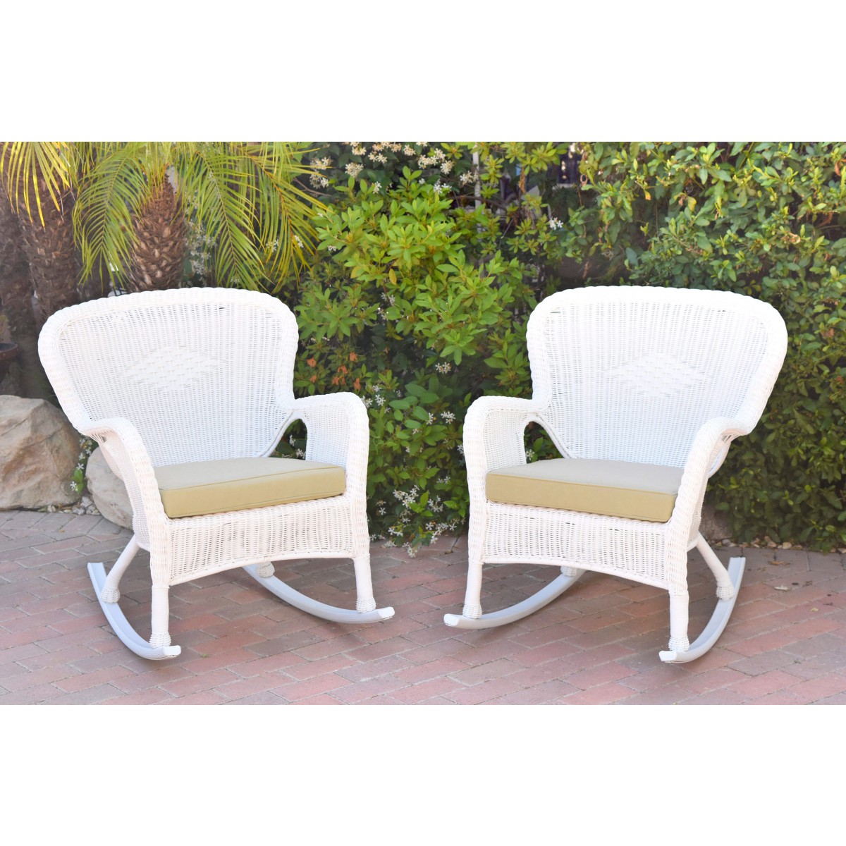 Set of 2 Windsor White Resin Wicker Rocker Chair with Ivory Cushions