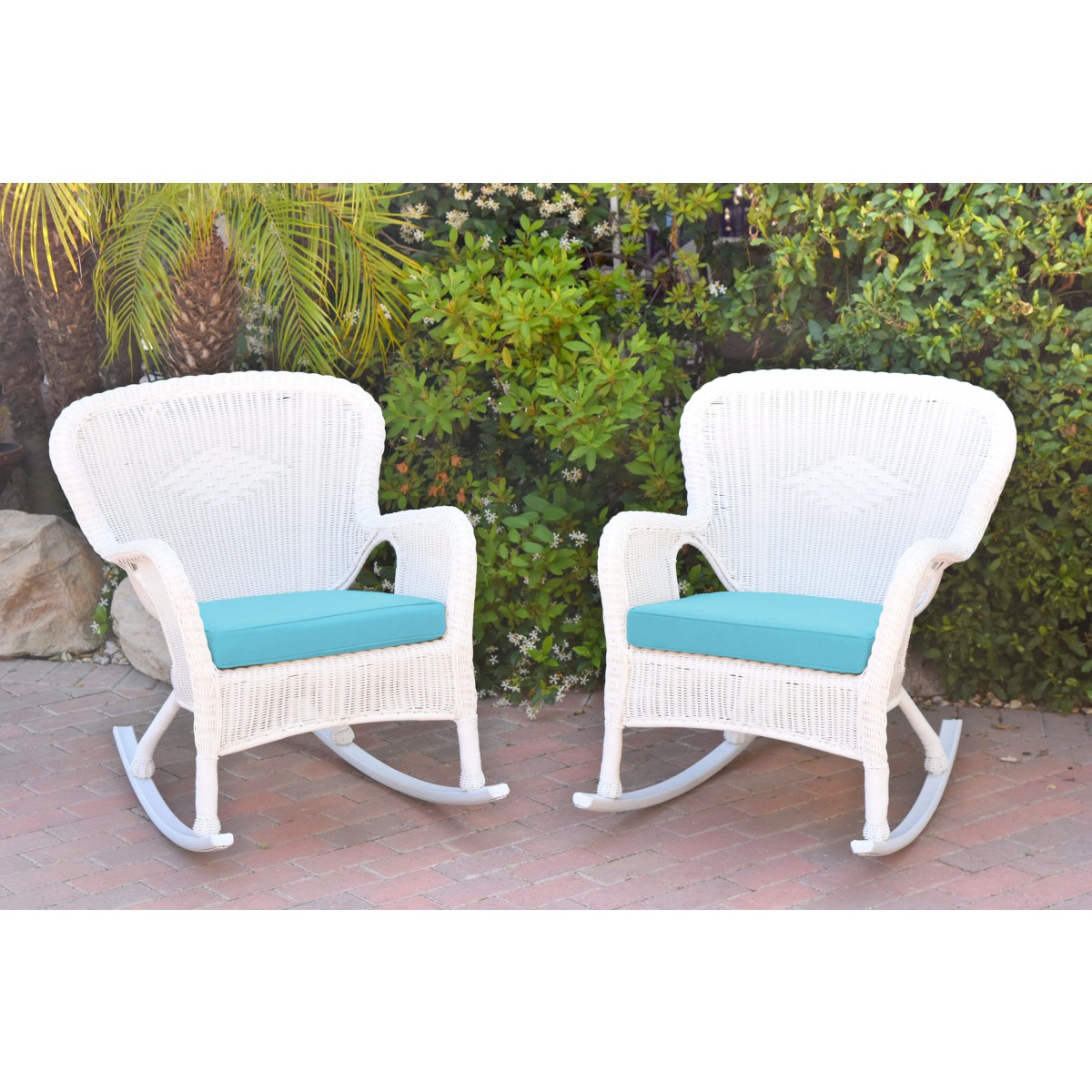 Set of 2 Windsor White Resin Wicker Rocker Chair with Sky Blue Cushions