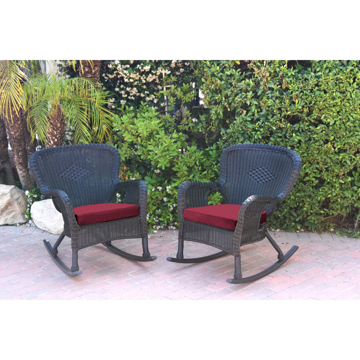 Set of 2 Windsor Black Resin Wicker Rocker Chair with Red Cushions