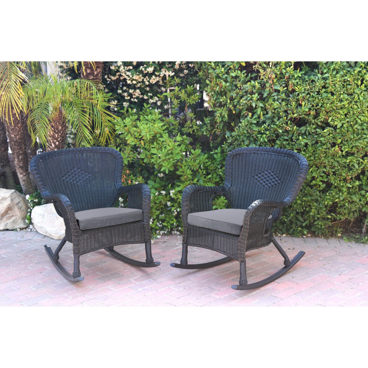Set of 2 Windsor Black Resin Wicker Rocker Chair with Steel Blue Cushions