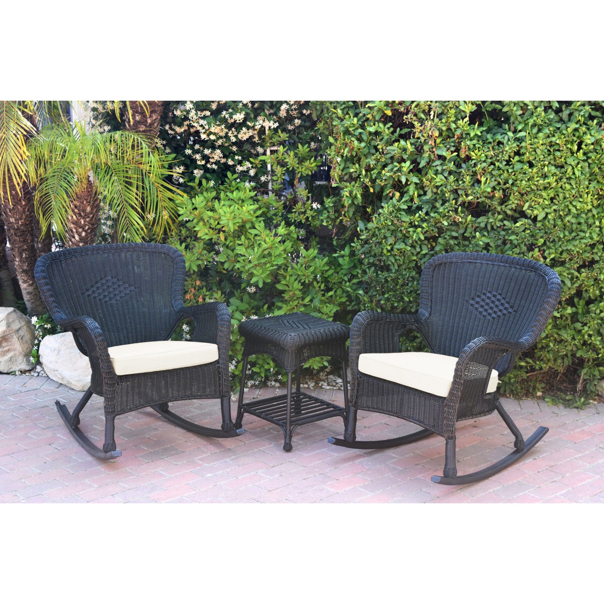 Windsor Black Wicker Rocker Chair And End Table Set With Ivory Chair ...