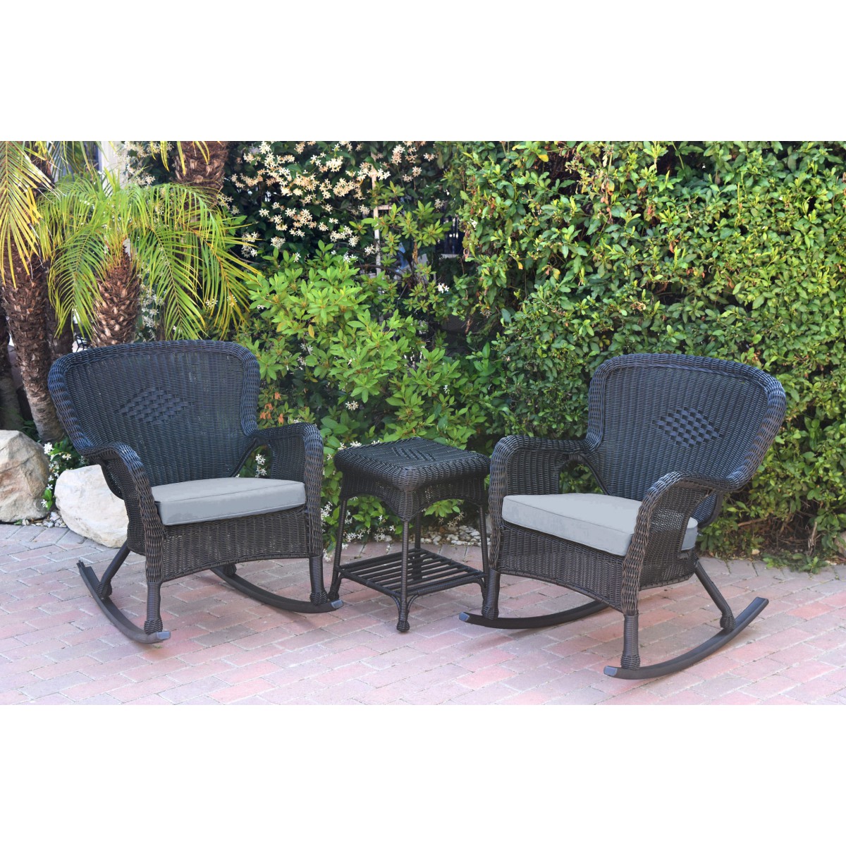 Windsor Black Wicker Rocker Chair And End Table Set With Steel Blue ...