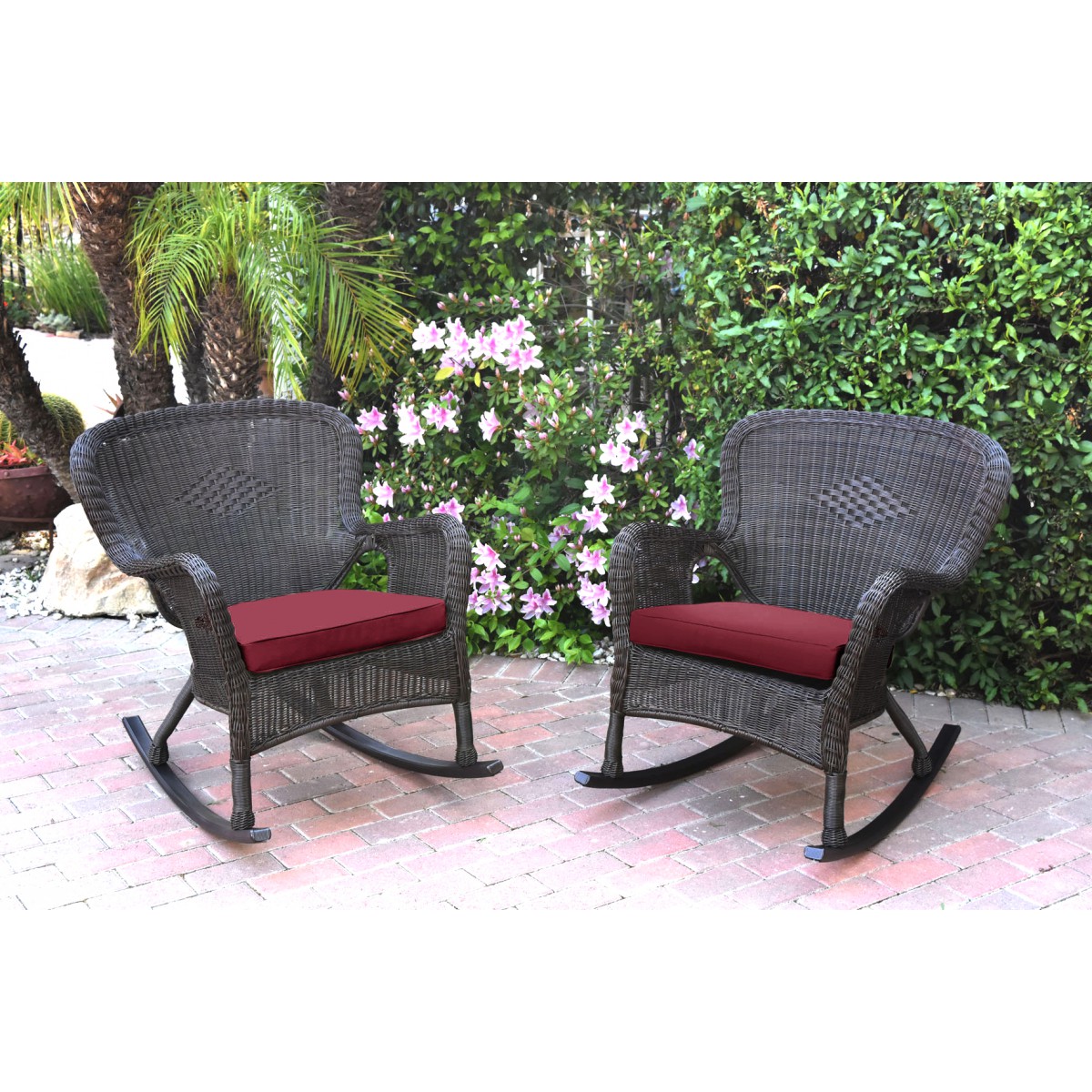 Set of 2 Windsor Espresso Resin Wicker Rocker Chair with Red Cushions