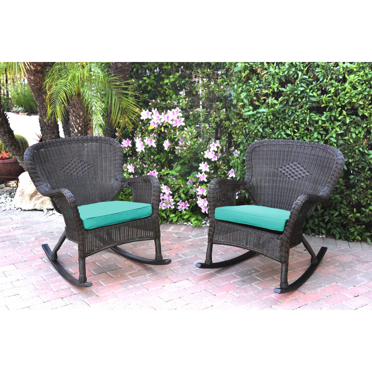 Set of 2 Windsor Espresso Resin Wicker Rocker Chair with Turquoise Cushions