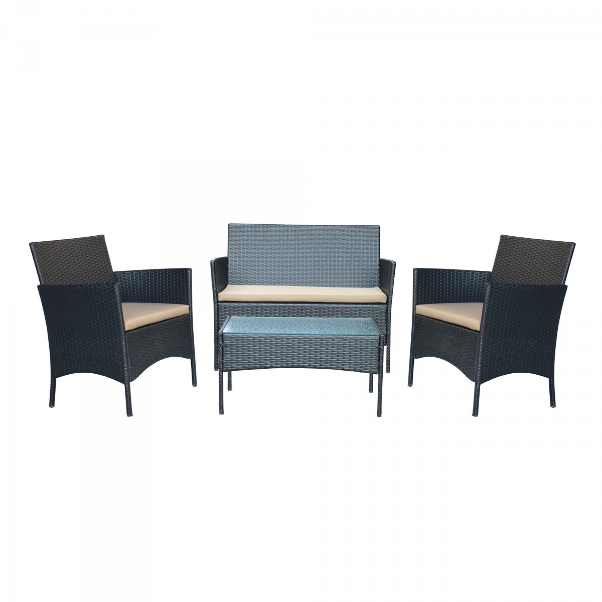 Aoife 4PC Steel Black Resin Wicker Patio Conversation Set with 2" Tan ...