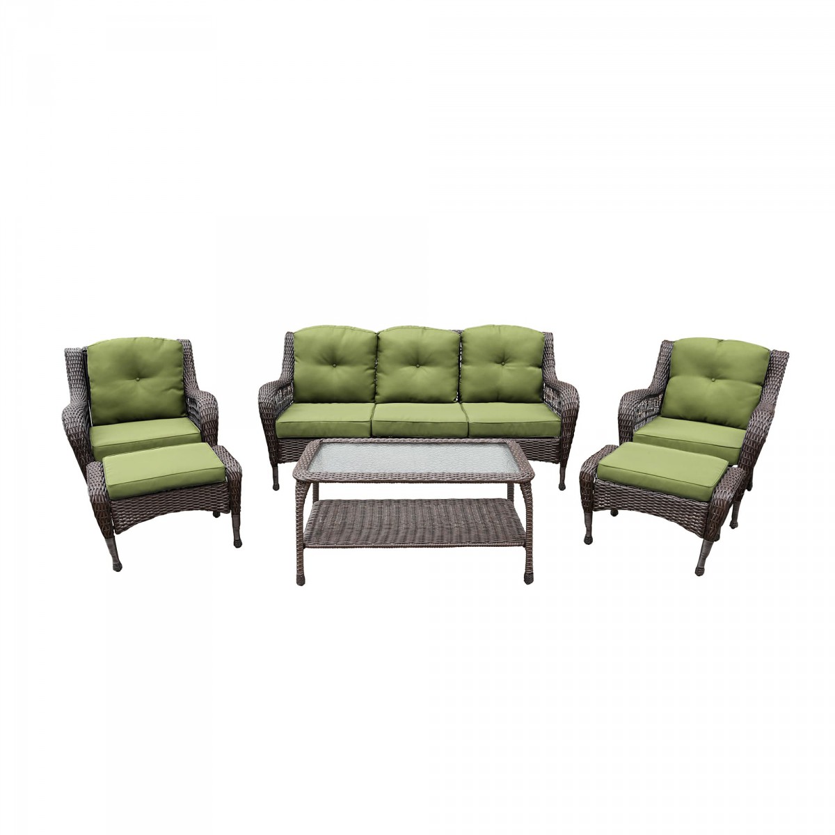 6pc Wicker Seating Set with Sage Green Cushions