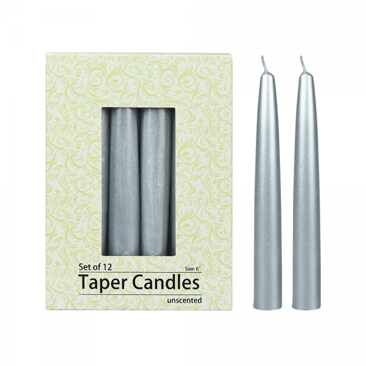 6 Inch Metallic Silver Taper Candles (1 Dozen)
