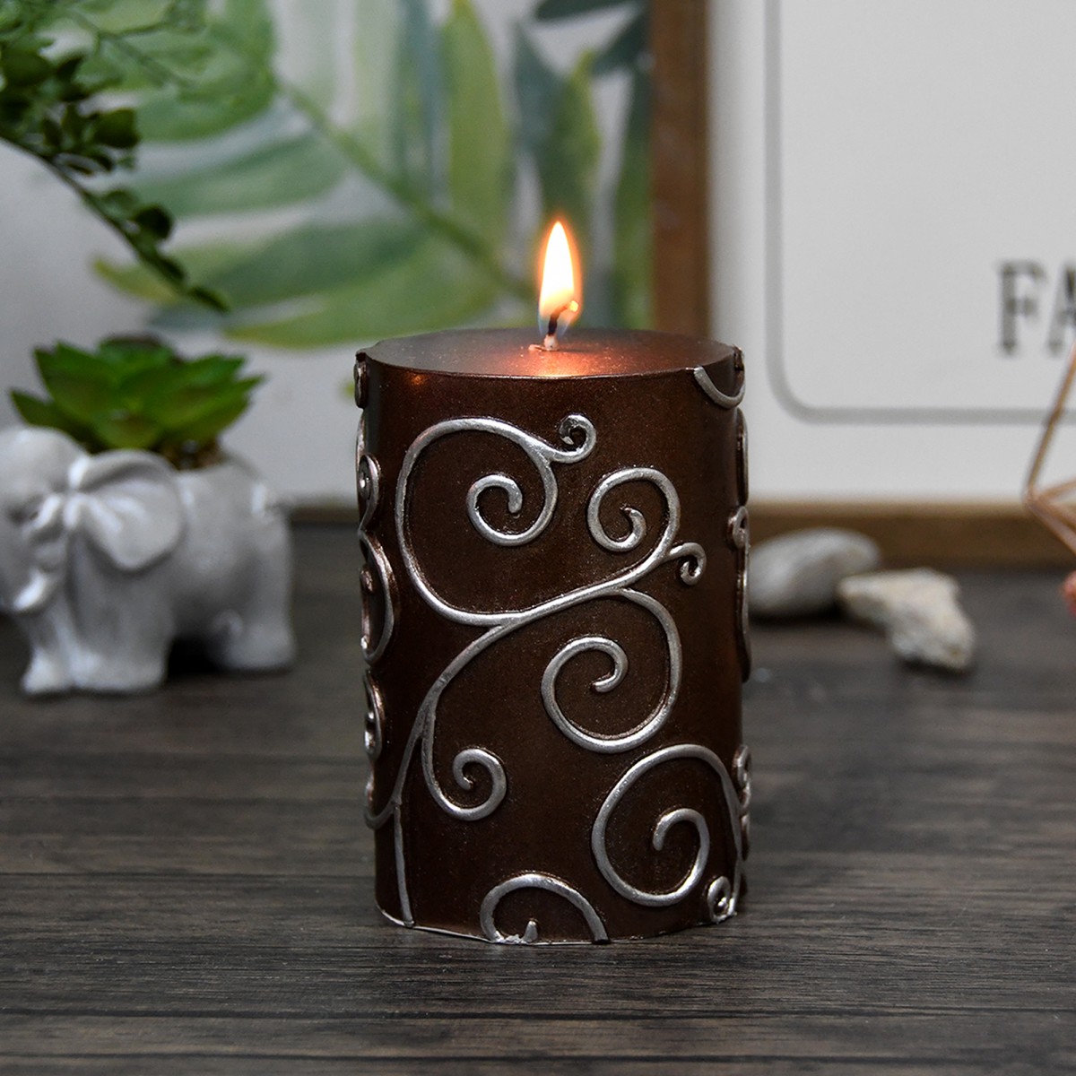 3 x 4 Inch Brown Scroll Pillar Candle