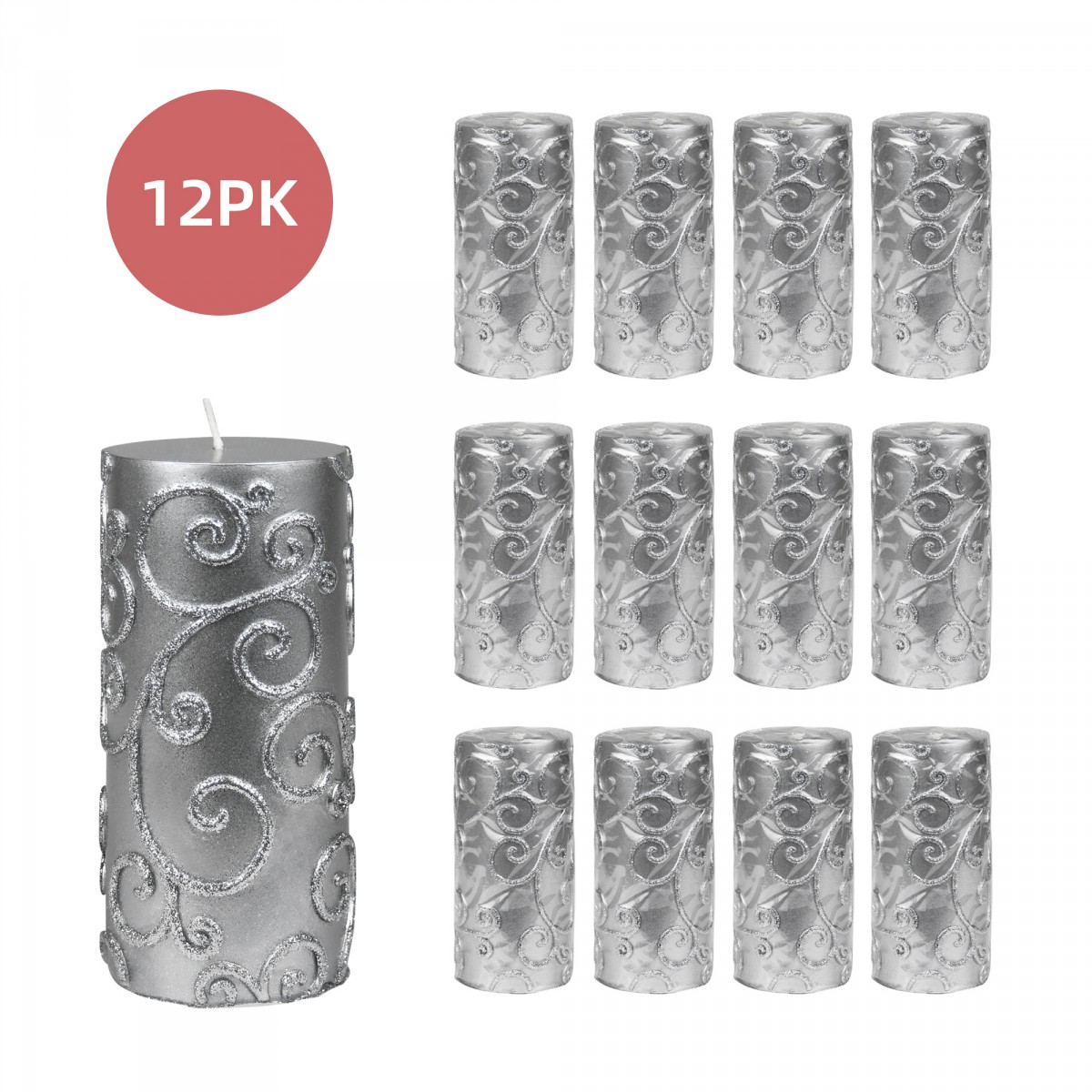 3 x 6 Inch Silver Scroll Pillar Candle (12pcs/Case) Bulk