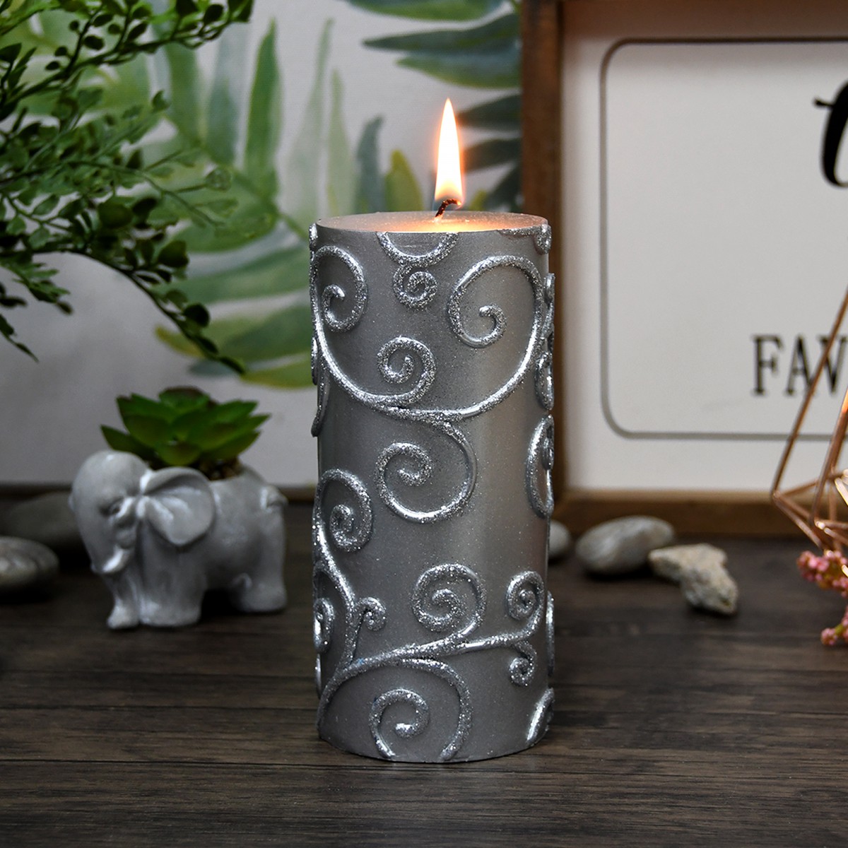 3 x 6 Inch Silver Scroll Pillar Candle (12pcs/Case) Bulk