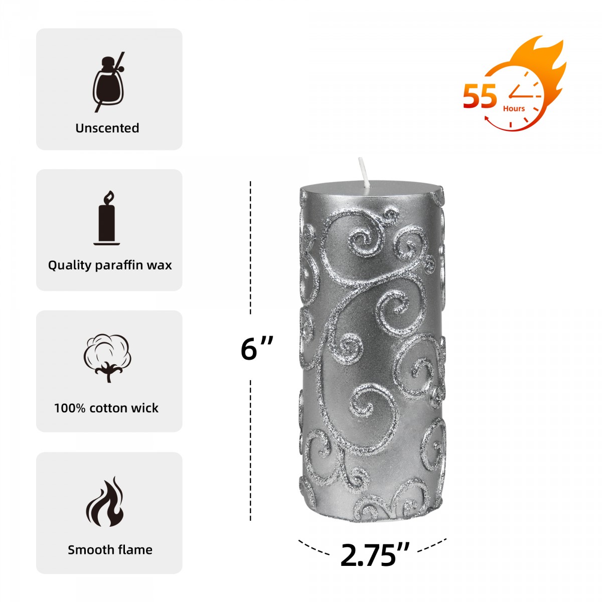 3 x 6 Inch Silver Scroll Pillar Candle (12pcs/Case) Bulk
