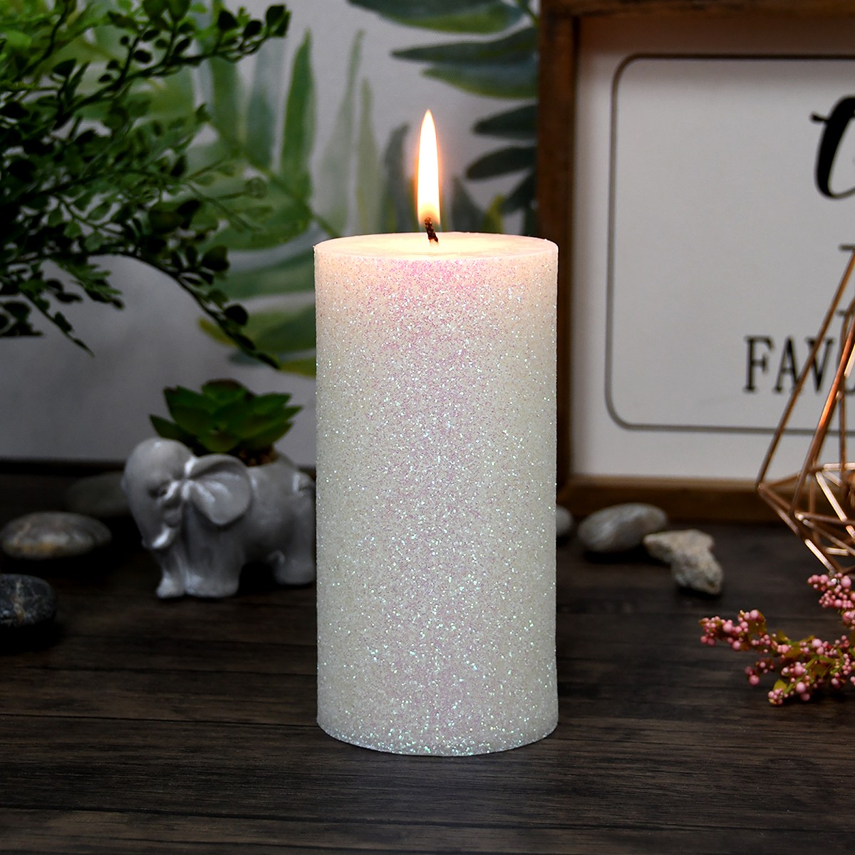 3 x 6 Inch Metallic White Glitter Pillar Candle