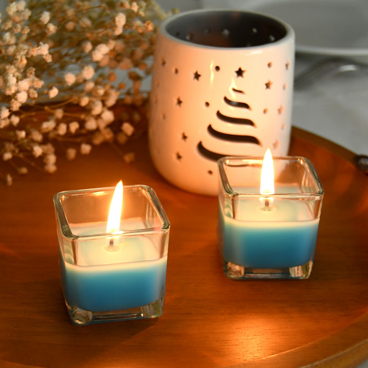 Turquoise Square Glass Votive Candles (12pc/Box)