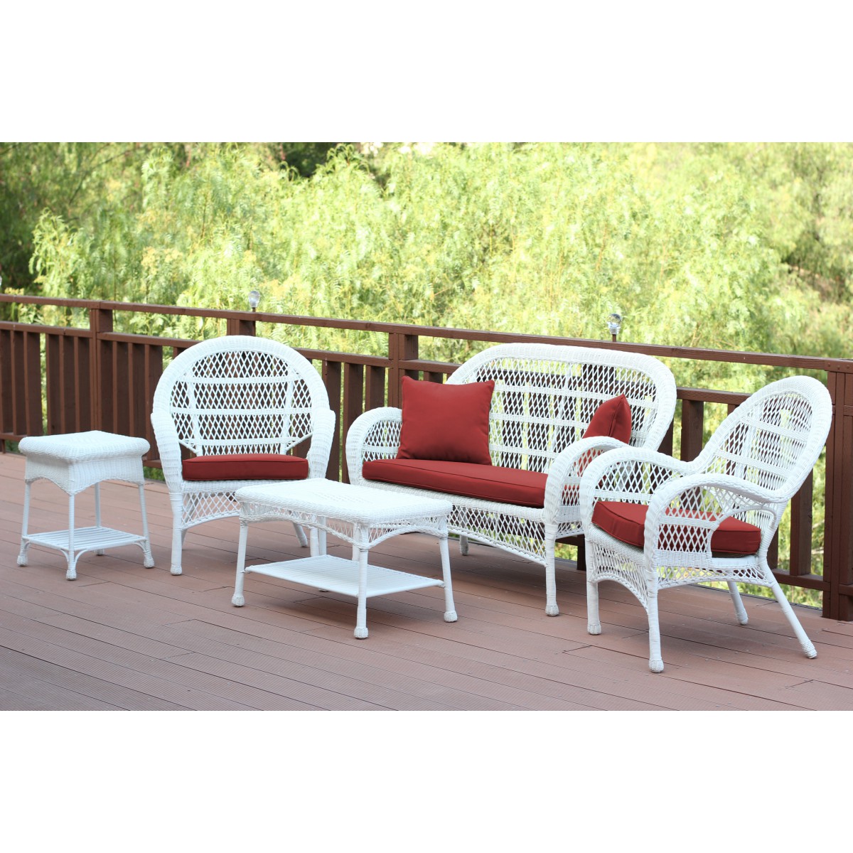 5pc Santa Maria White Wicker Conversation Set - Brick Red Cushion