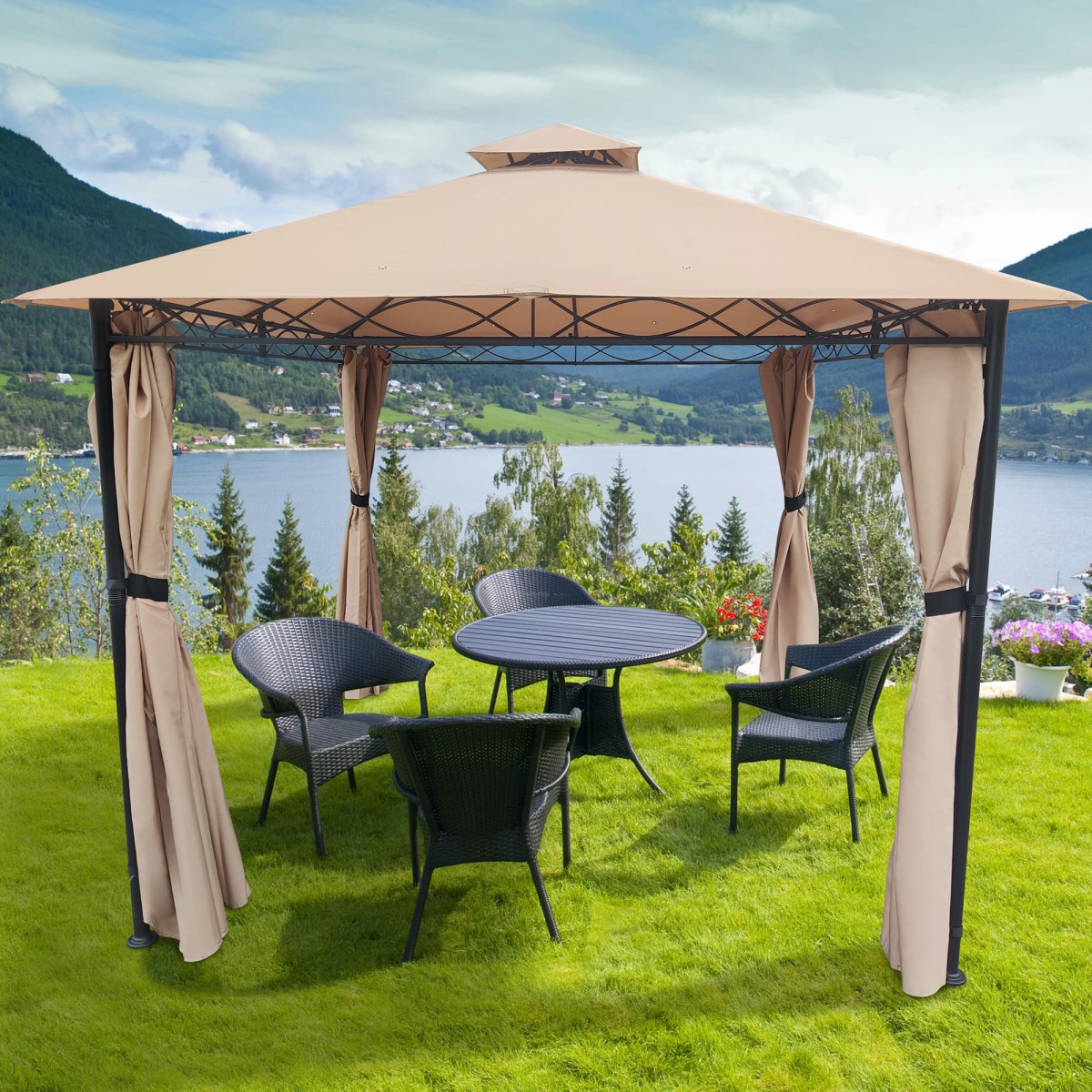 10FT X 13FT WITH 2-TIER SOFT TOP GAZEBO/DARK TAN COLOR