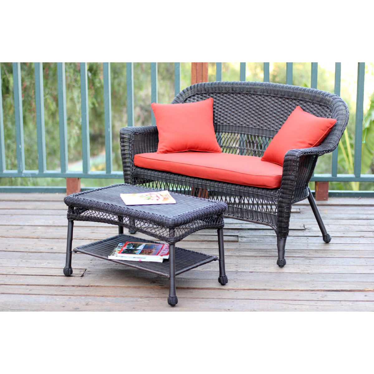Espresso Wicker Patio Love Seat And Coffee Table Set With Brick Red Cushion
