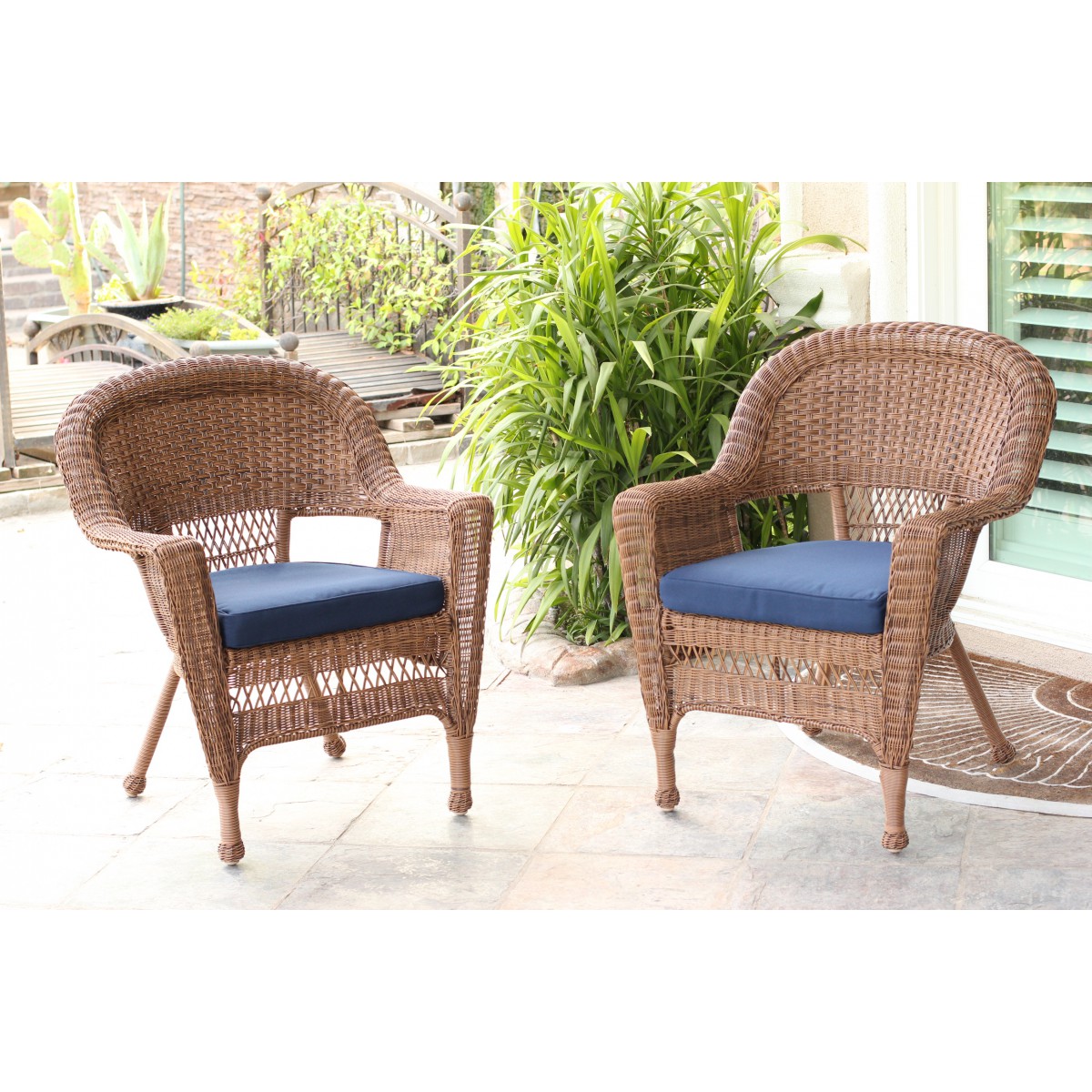 Honey Wicker Chair With Midnight Blue Cushion