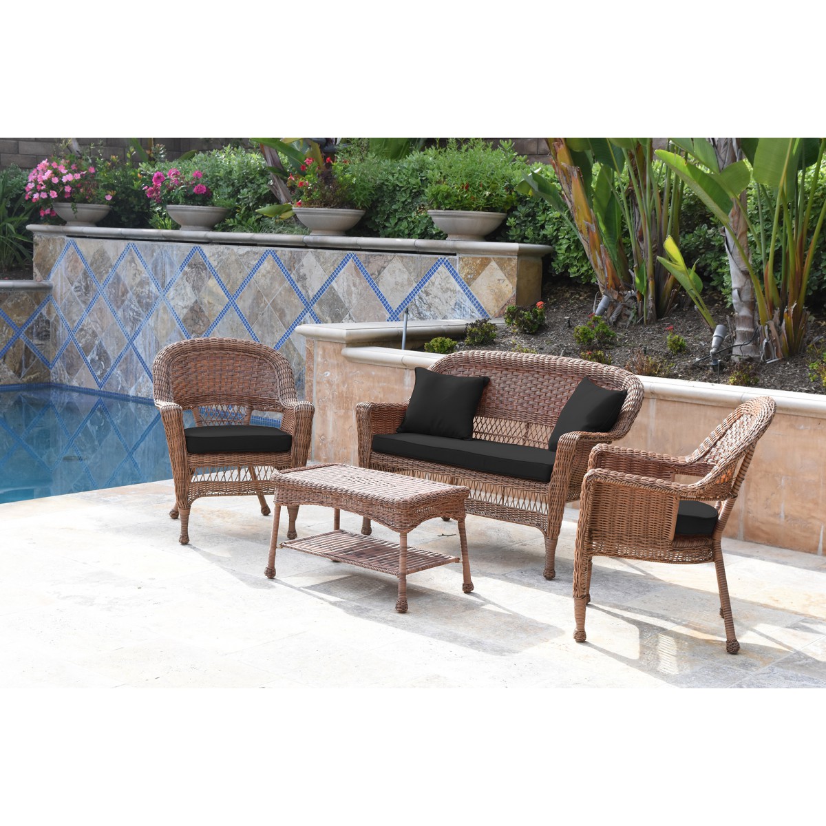 4pc Honey Wicker Conversation Set - Black Cushions